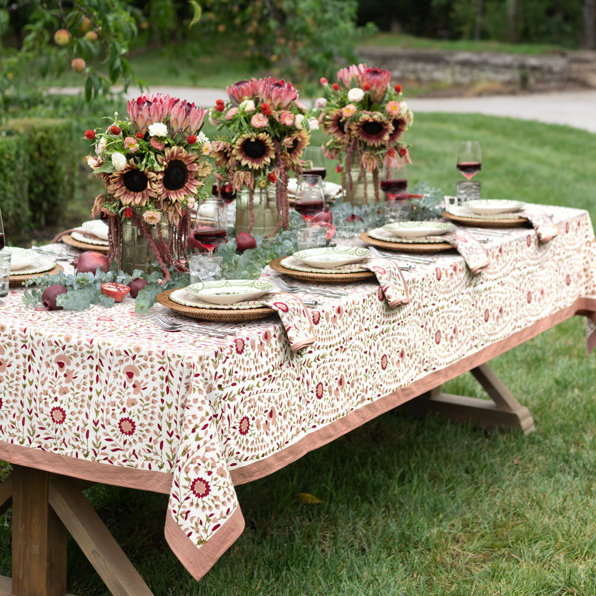 Starflower Fern & Blush Tablecloth – Block Printed 100% Cotton – Pomegranate