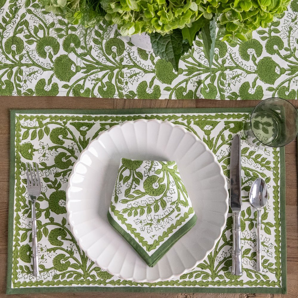 Cactus Flower Green Block Printed Floral Placemats | Set of 4 – Pomegranate