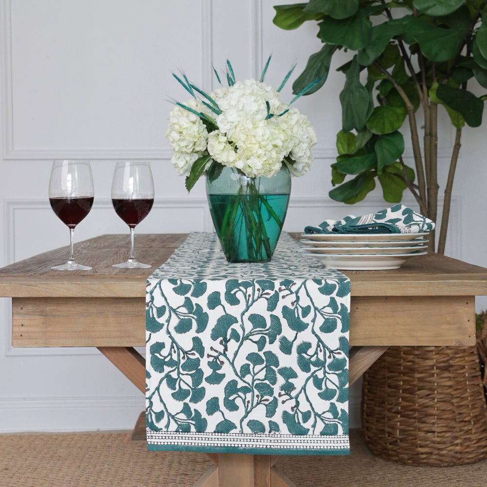 Ginkgo Teal Table Runner – Pomegranate