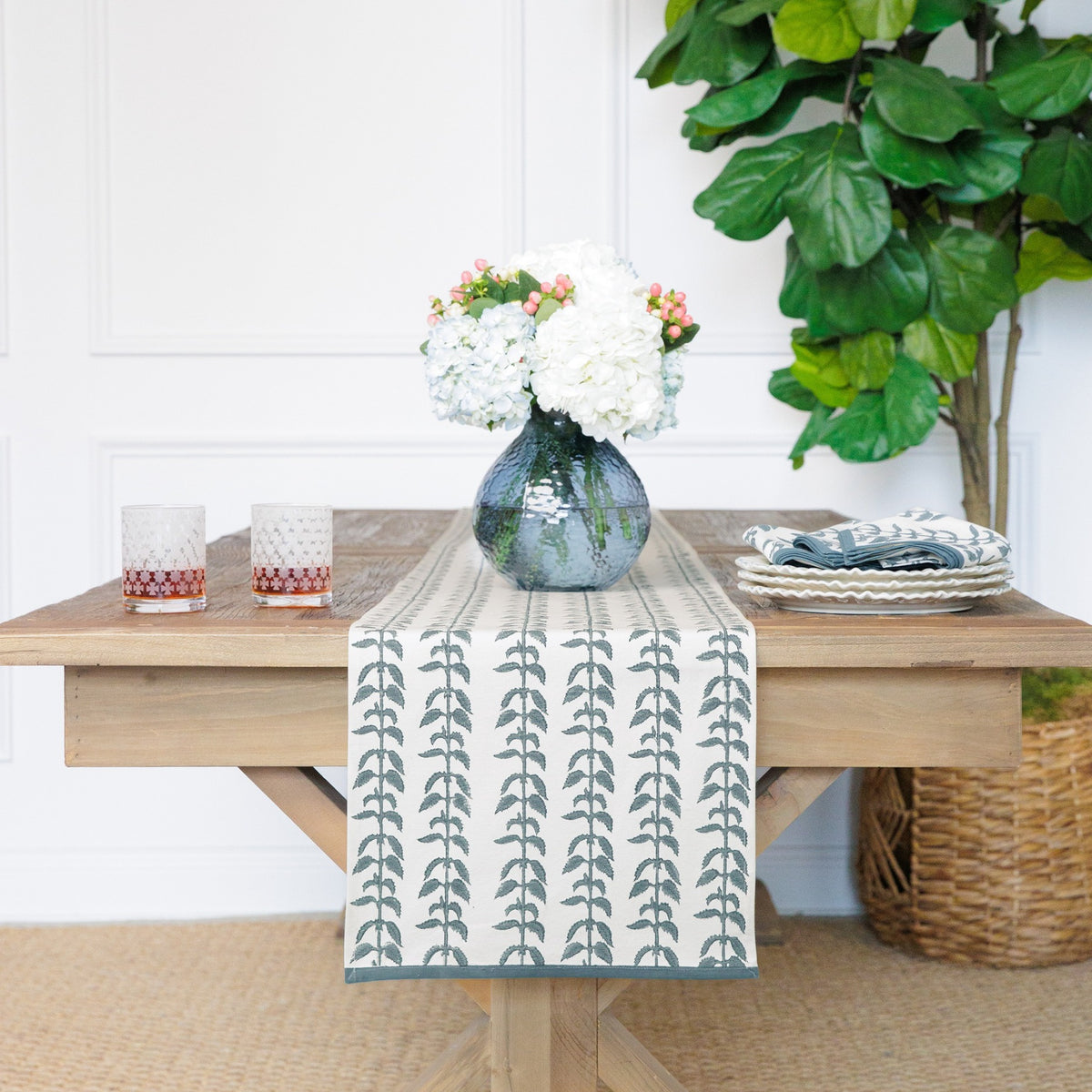 India Hicks Home Climbing Nettle Dusty Sky Table Runner – Pomegranate