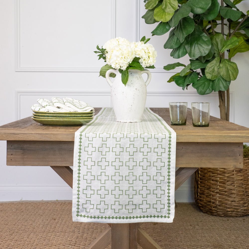 India Hicks Embroidered Grand Cross Soft Sage Table Runner – Pomegranate