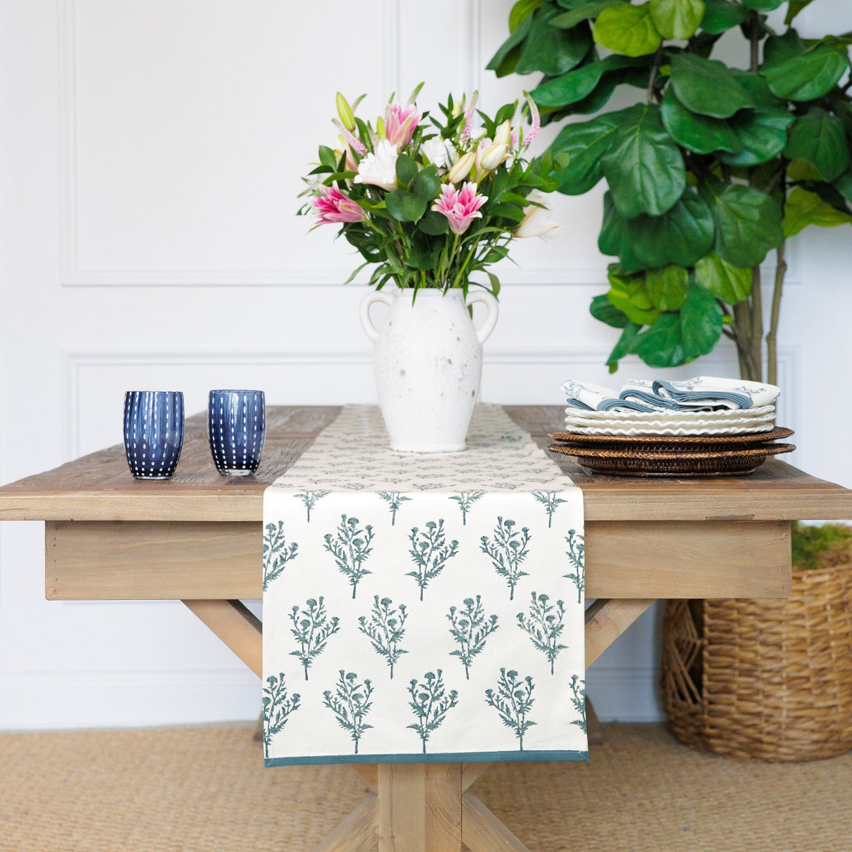 India Hicks Home Thistle Dusty Sky Table Runner – Pomegranate