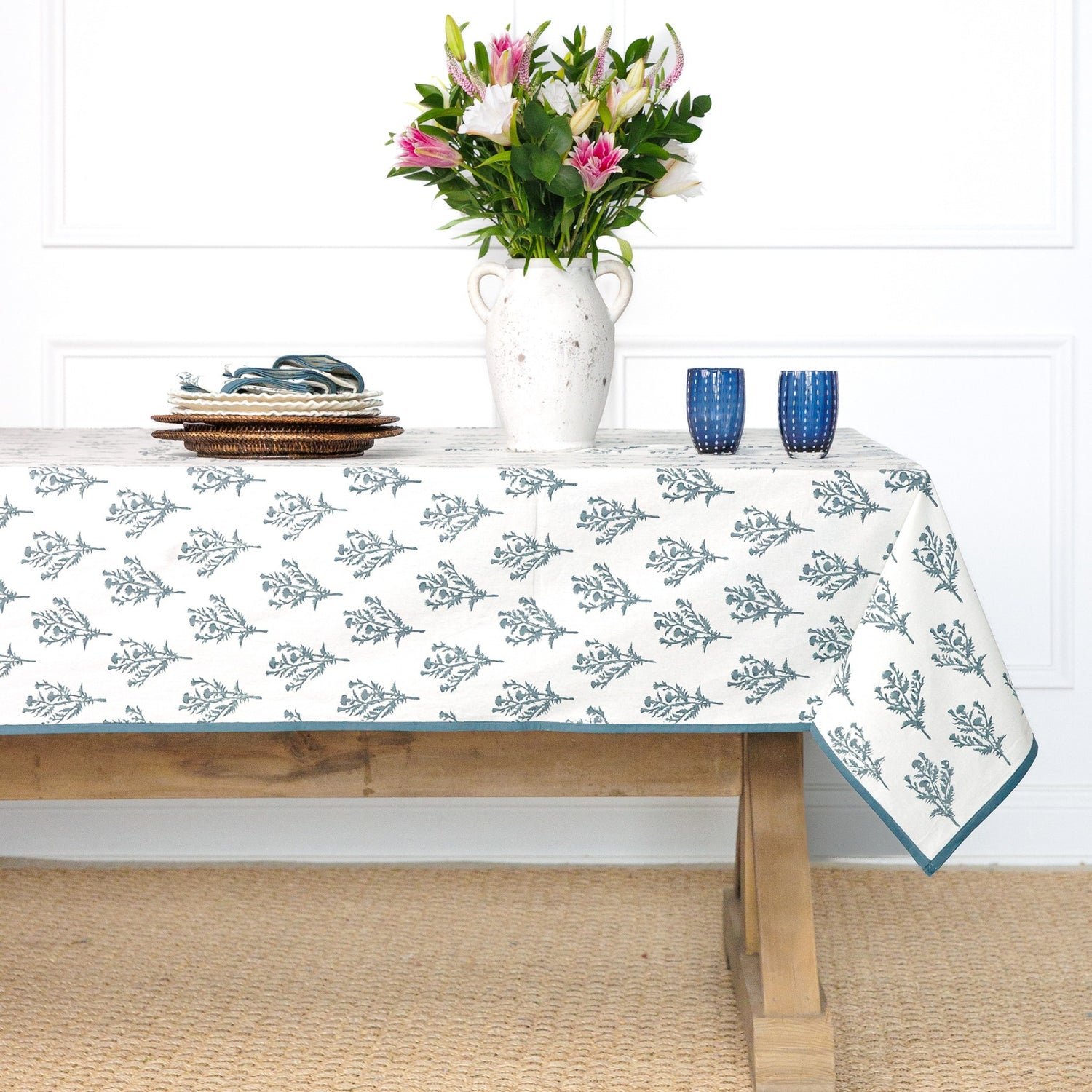 India Hicks Home Thistle Dusty Sky Tablecloth – Pomegranate