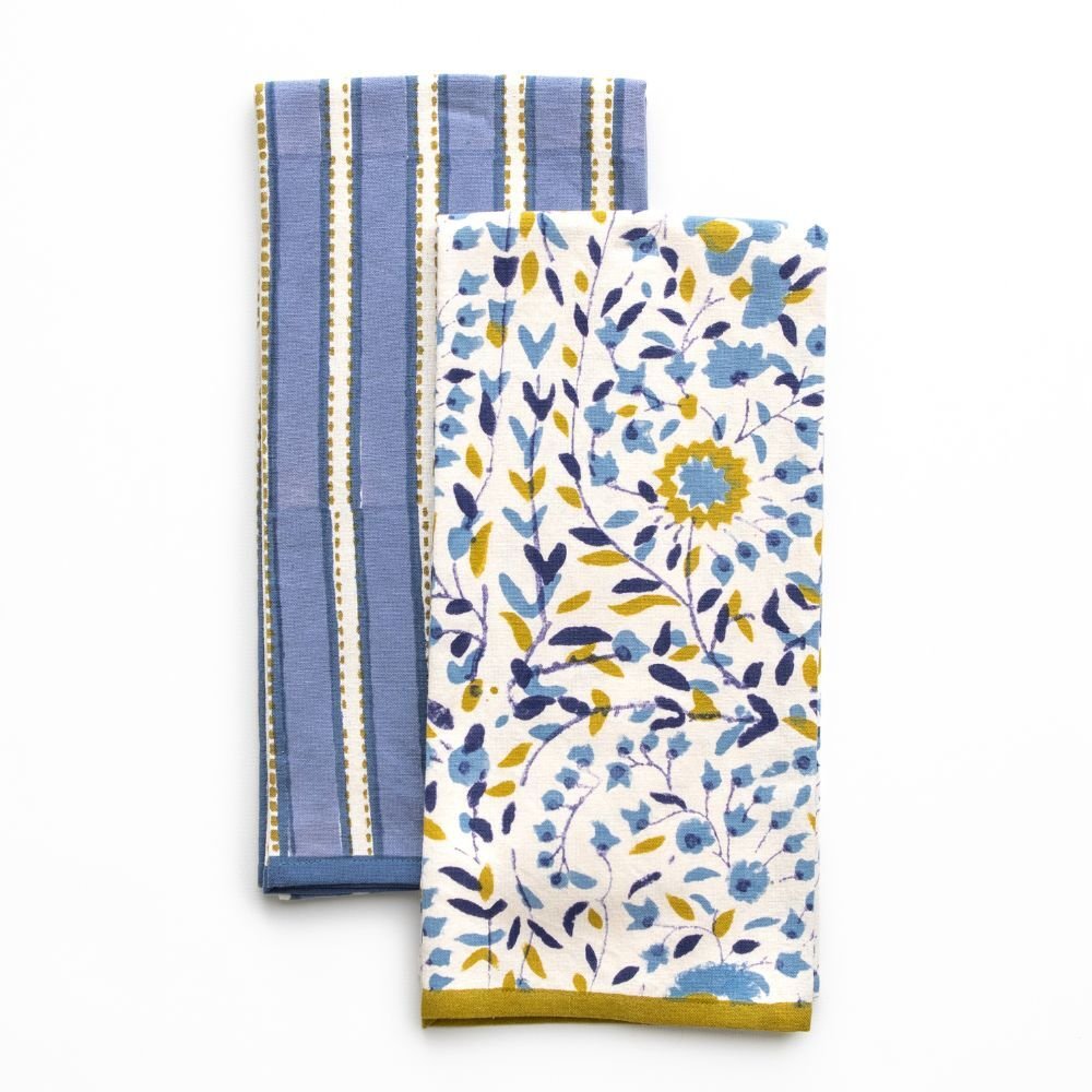 Dotted Stripe Blue Tea Towels – Set of 2, Block Printed Cotton ...
