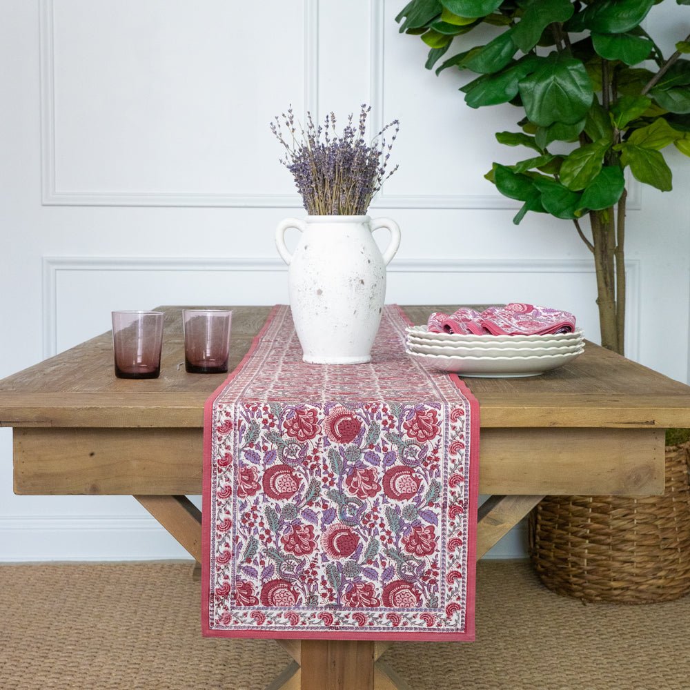 Bohemian Floral Dusty Pink Table Runner | Hand Block Printed – Pomegranate