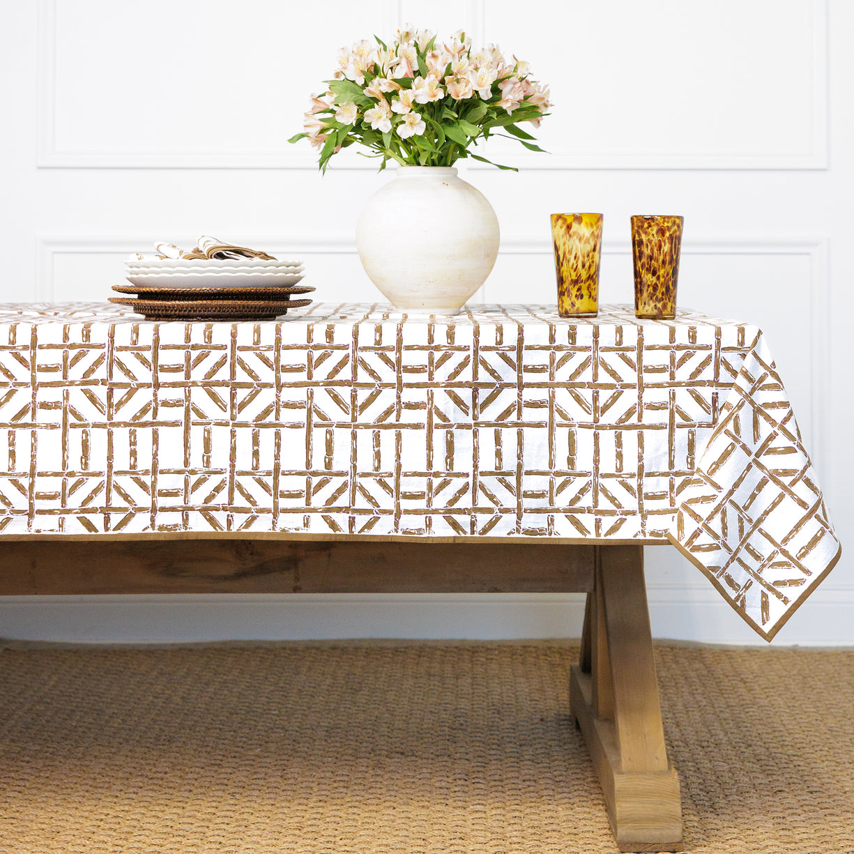 Brown Bamboo Tablecloth – Hand Block Printed Cotton – Pomegranate