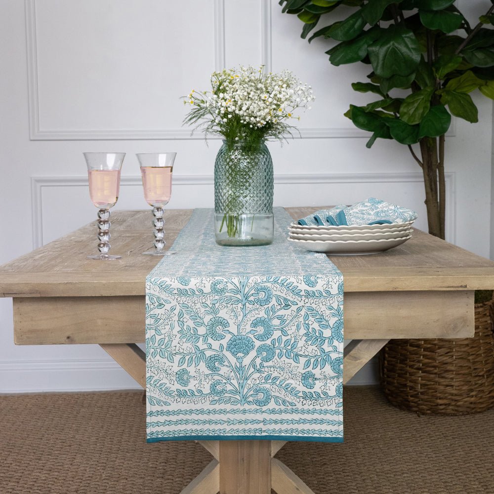 Floral Trellis Aqua Table Runner – Pomegranate