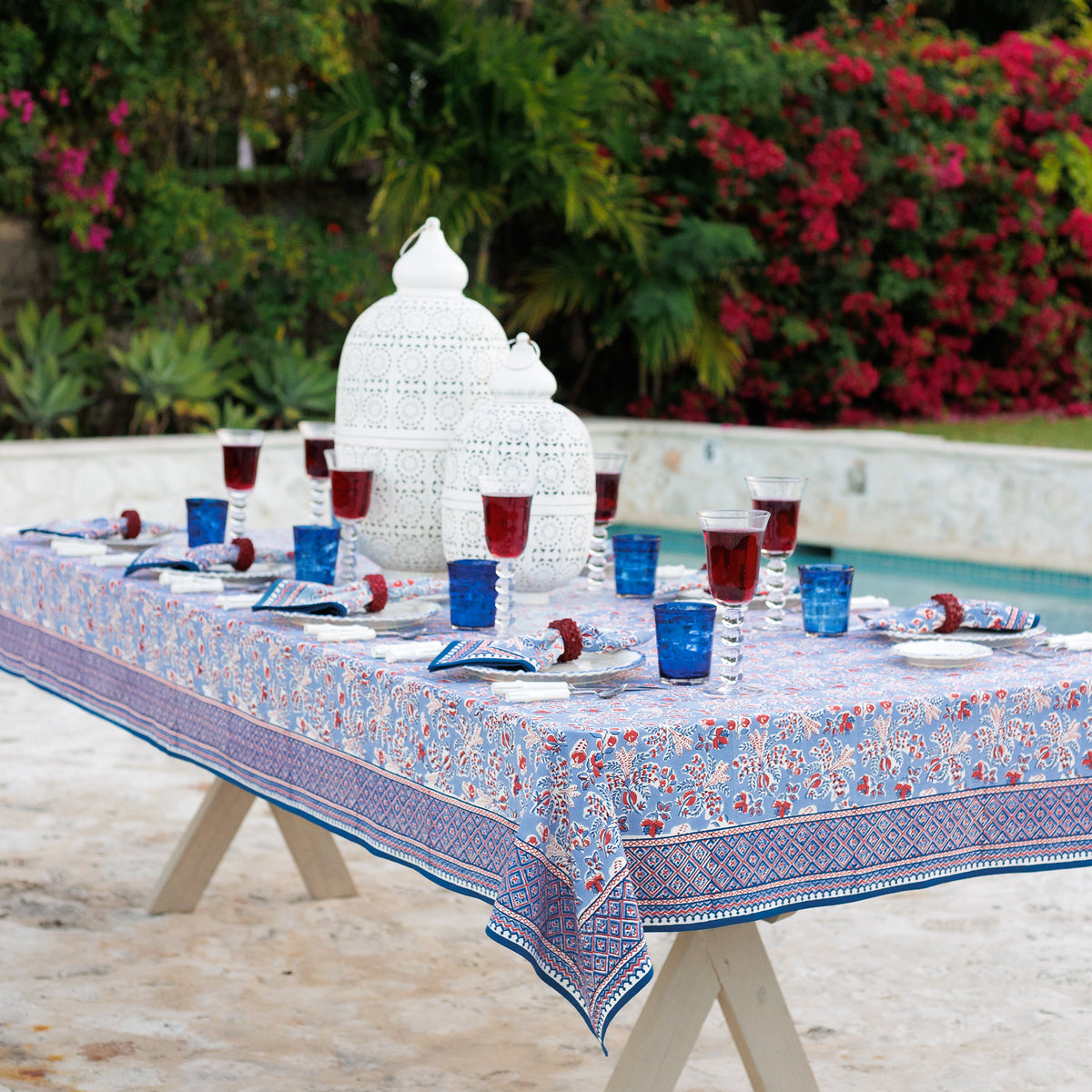 Grecian Palm Tablecloth – Red, White & Blue Hand Block Print Cotton ...
