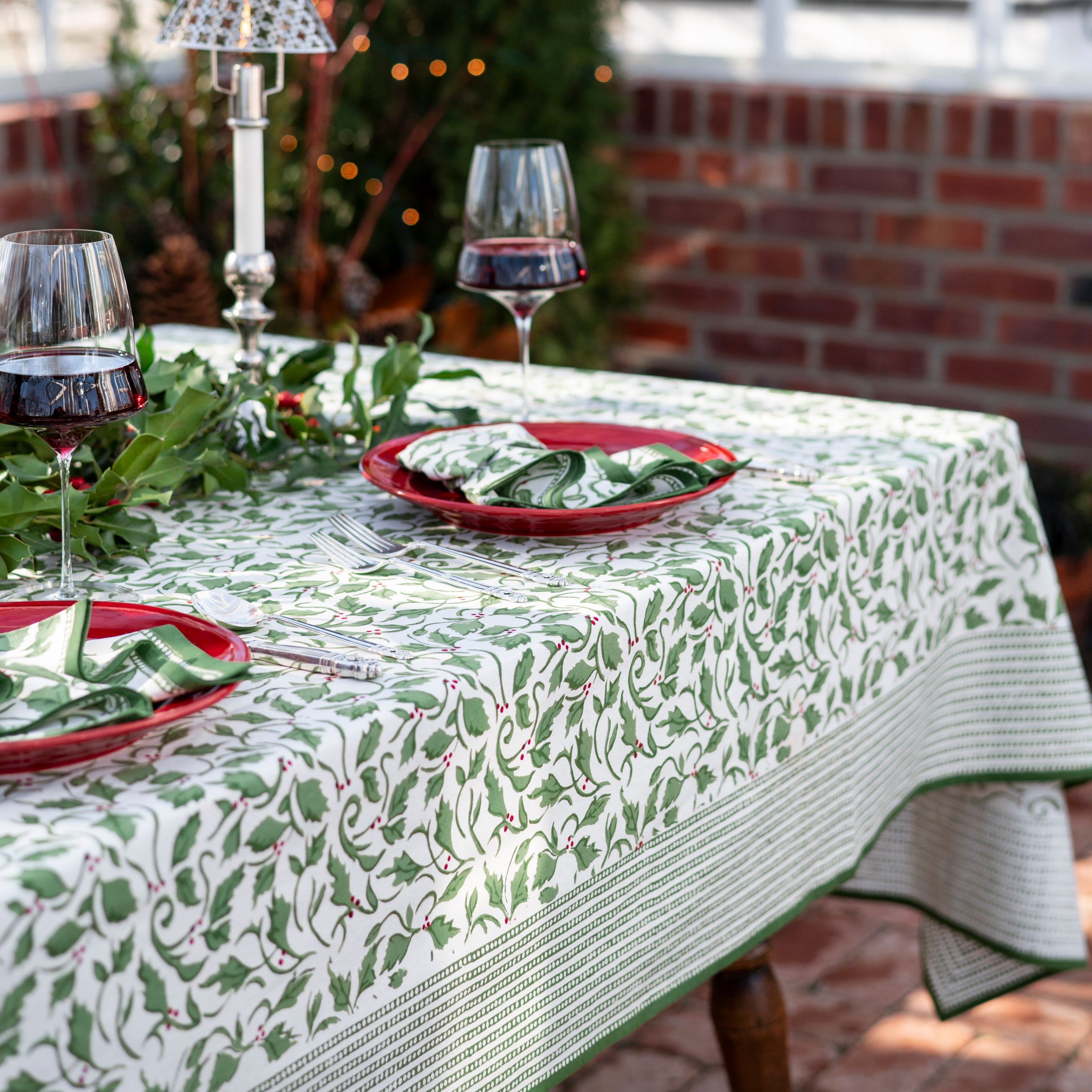 Holly Berry Tablecloth | Hand Block Linens – Pomegranate