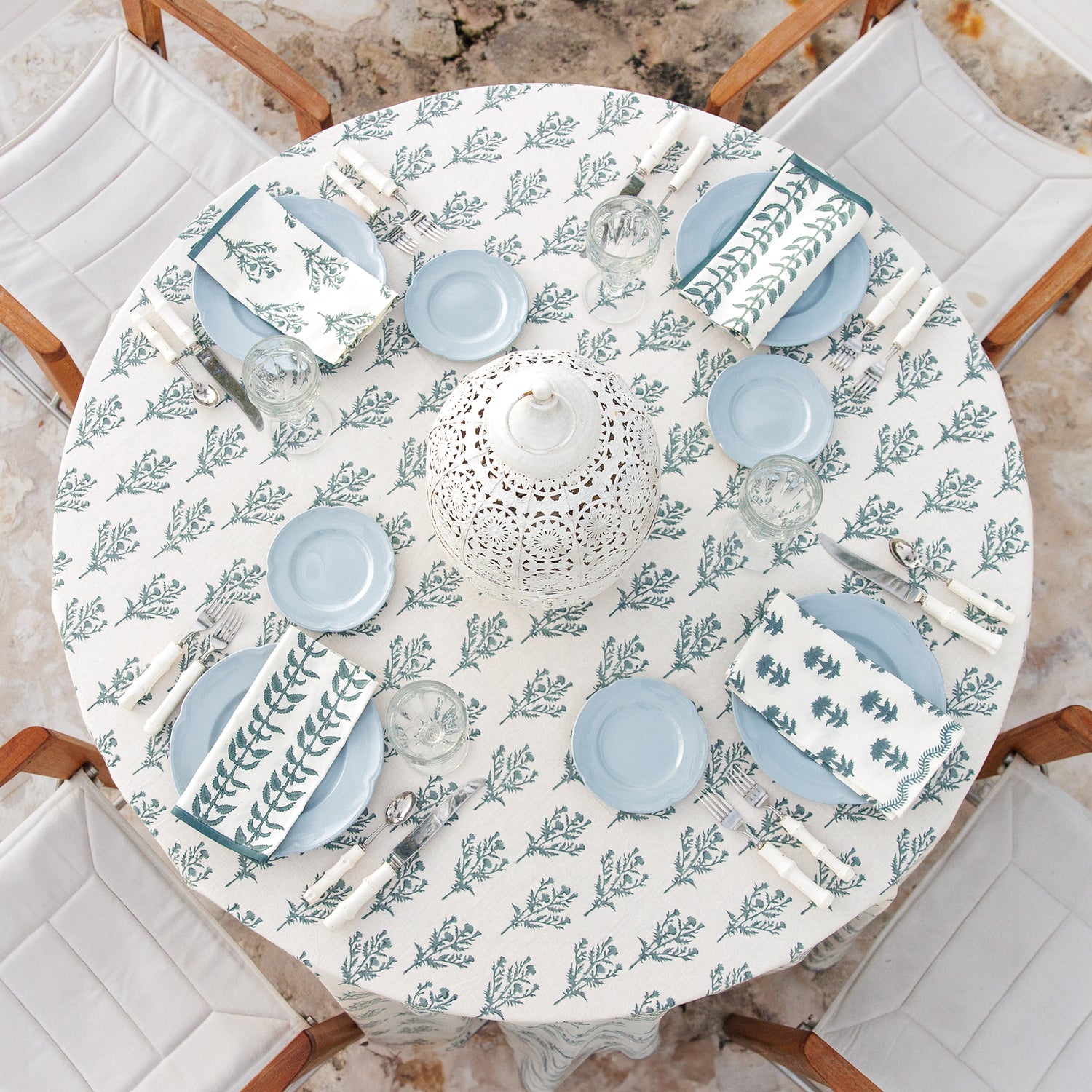 India Hicks Home Thistle Dusty Sky Tablecloth – Pomegranate