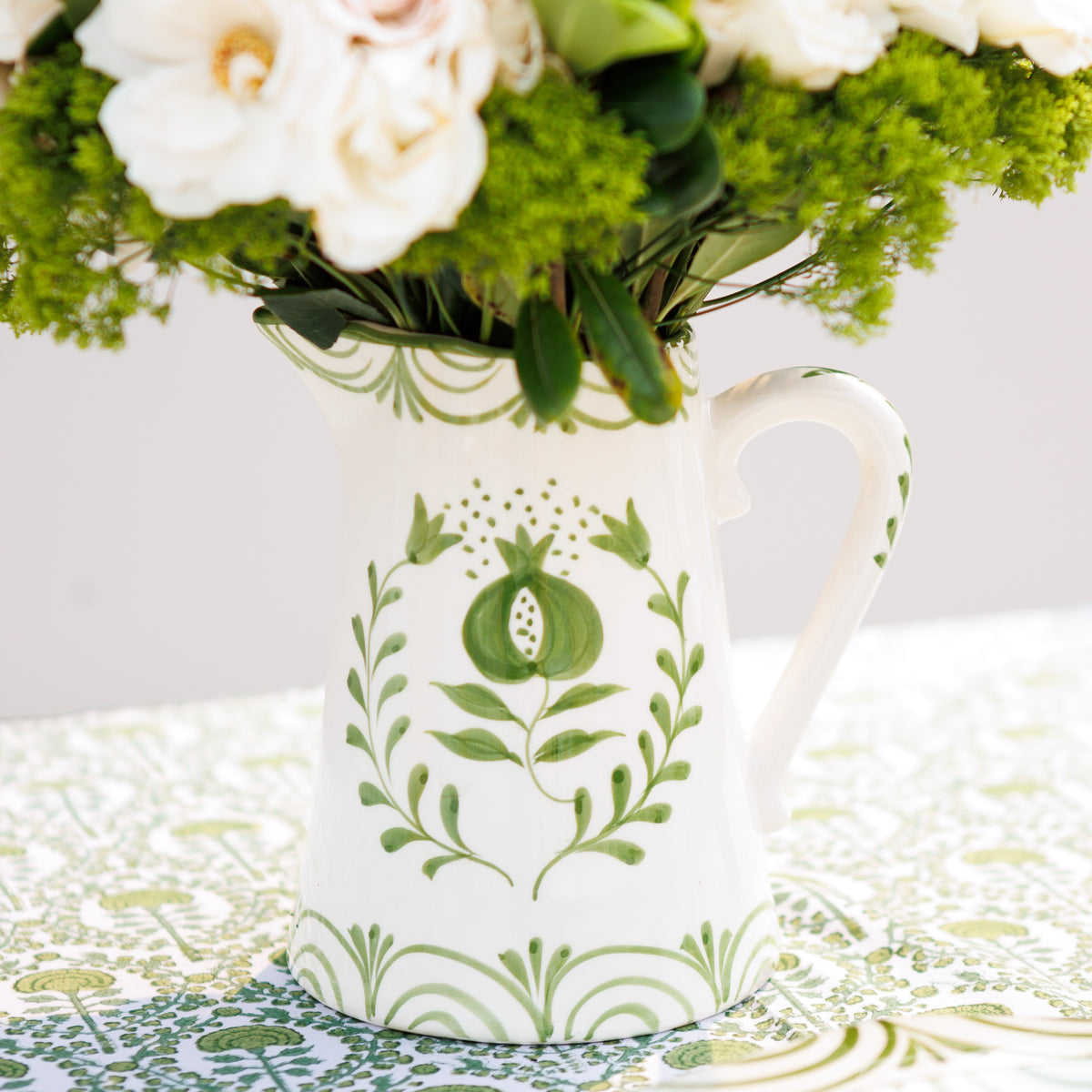 Crest Green Ceramic Pitcher – Hand Painted, 40 oz – Pomegranate