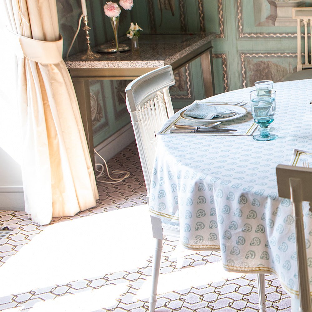 India Hicks Home Carnation Seafoam Tablecloth - Pomegranate Inc.