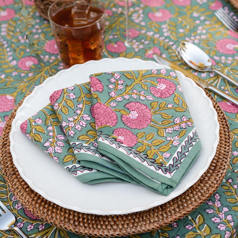 Cactus Flower Jade Green Napkins | Block Printed Cloth Napkins ...