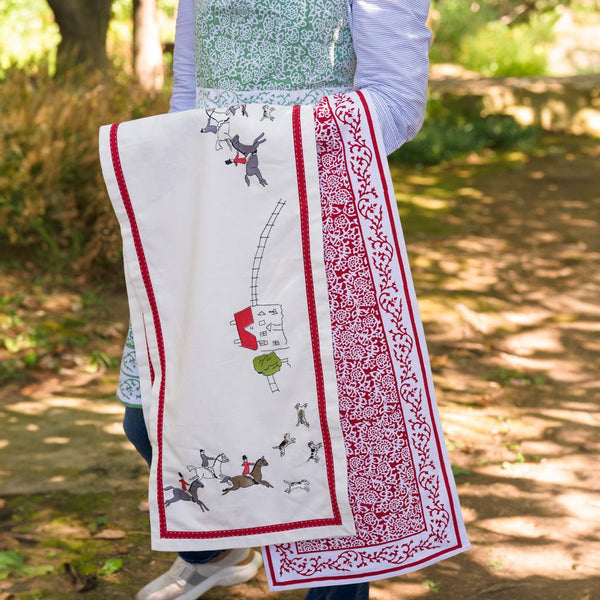 Embroidered Hunt Scene Red Ribbon Table Runner - Pomegranate Inc.