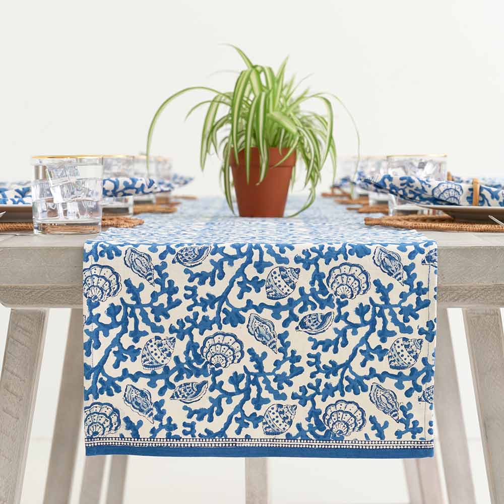 Coral & Shell Blue Table Runner | Coastal Table Linens – Pomegranate
